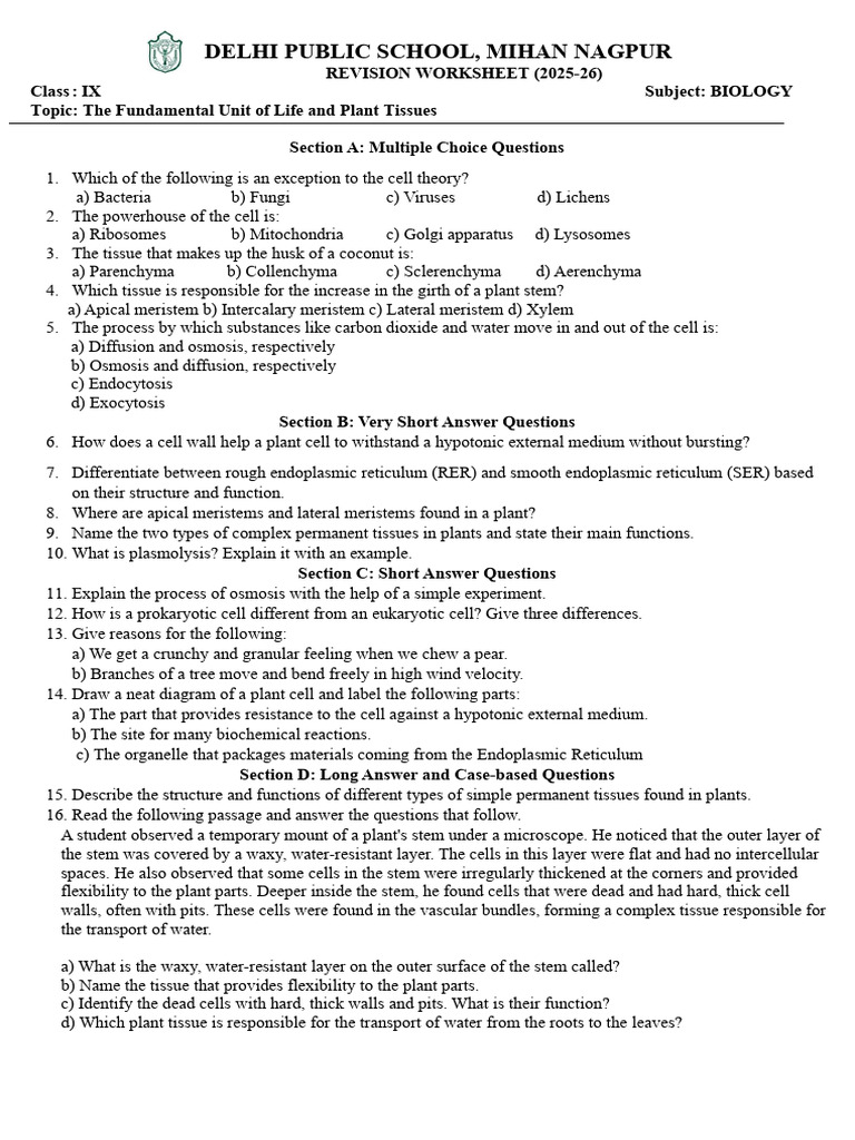 Class IX Biology: Cell Theory & Tissues | PDF | Tissue (Biology) | Cell ...