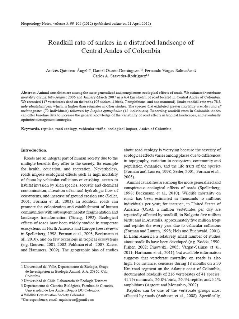 Roadkill Rate of Snakes in A Disturbed Landscape of | PDF