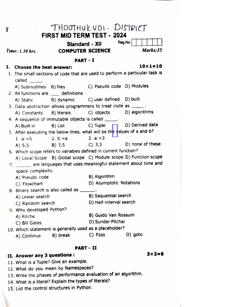 12th Computer Science Midterm Exam | PDF | Scope (Computer Science ...
