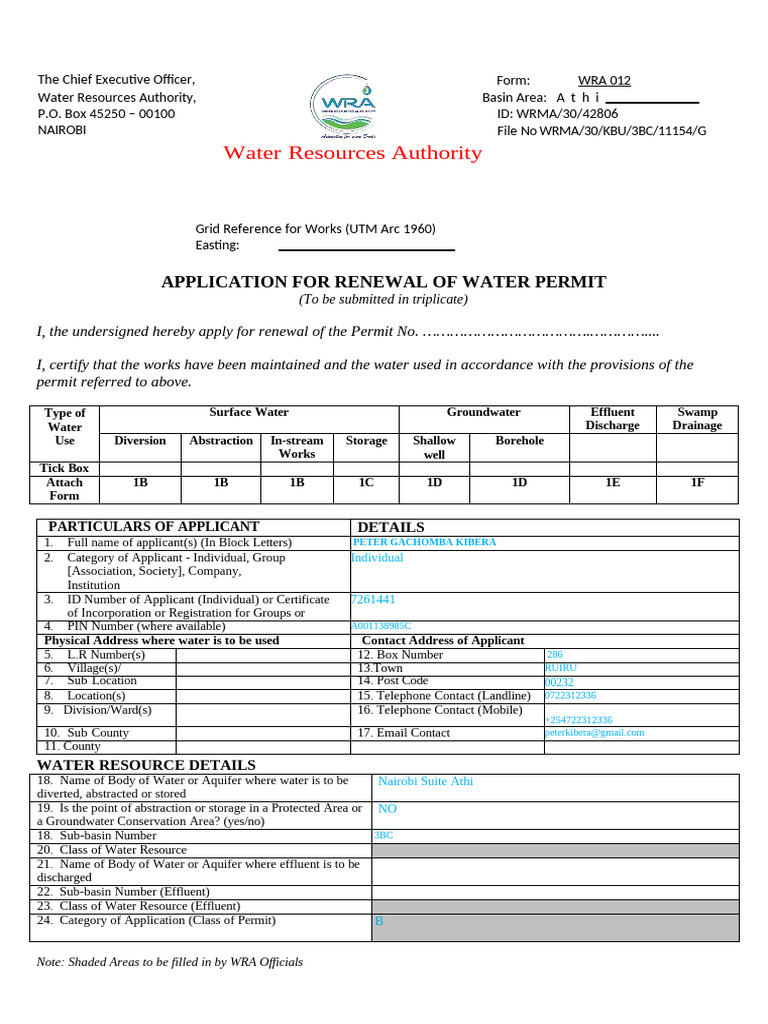 WRA 012 Application For Renewal of Water Permit | PDF | Water Resources | Groundwater