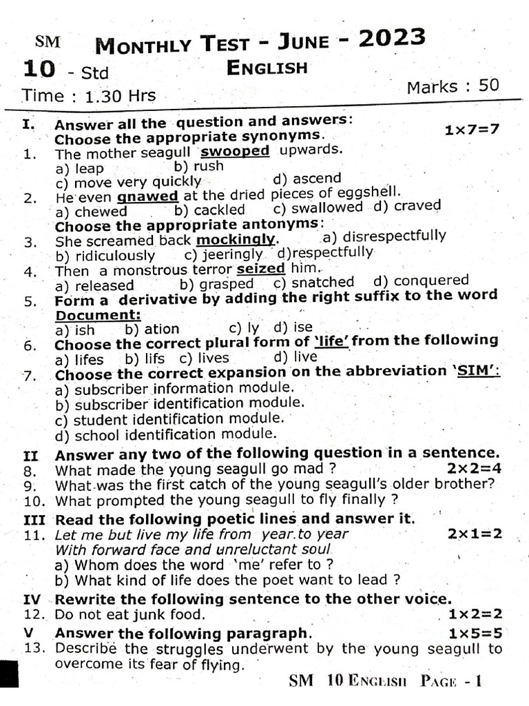 10th English June 2023 Monthly Test Original Question Paper PDF ...