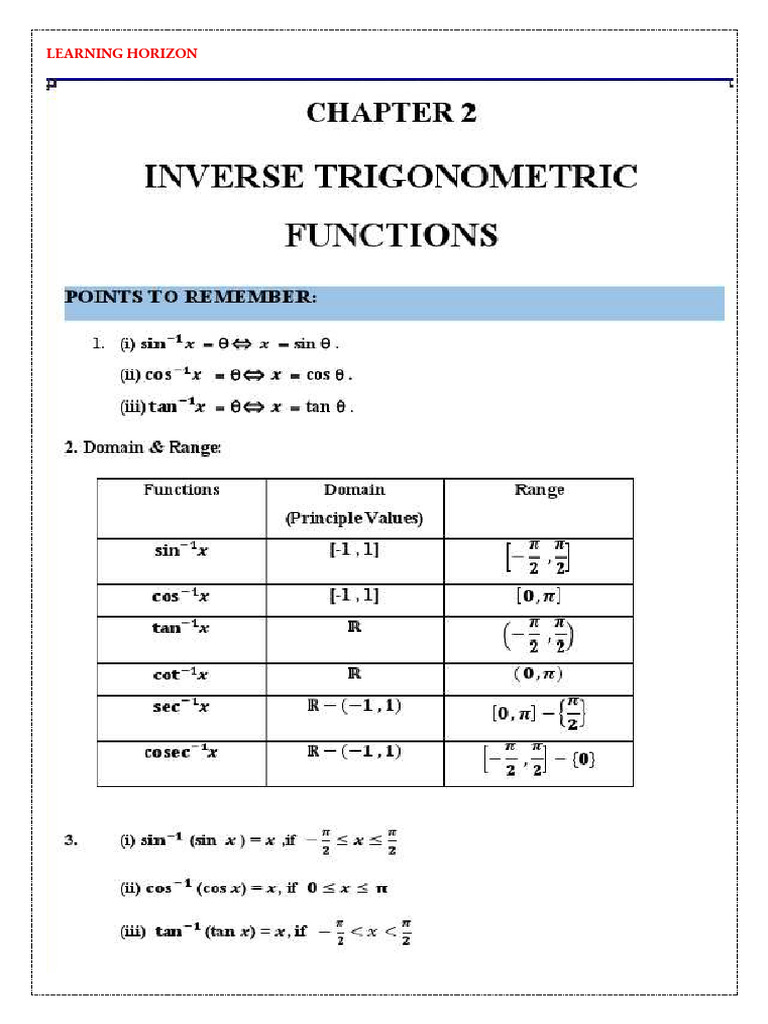 Inverse Trigonometric Function Short Notes | PDF