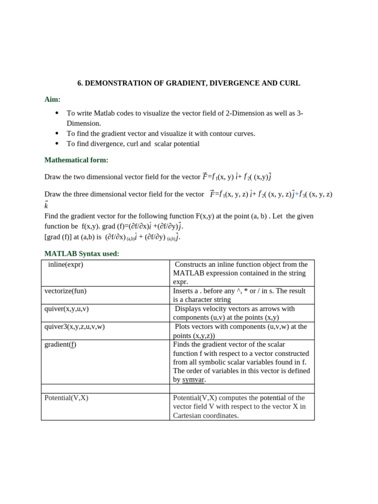 Exp - 7 Gradient Divergence Curl | PDF | Euclidean Vector | Divergence
