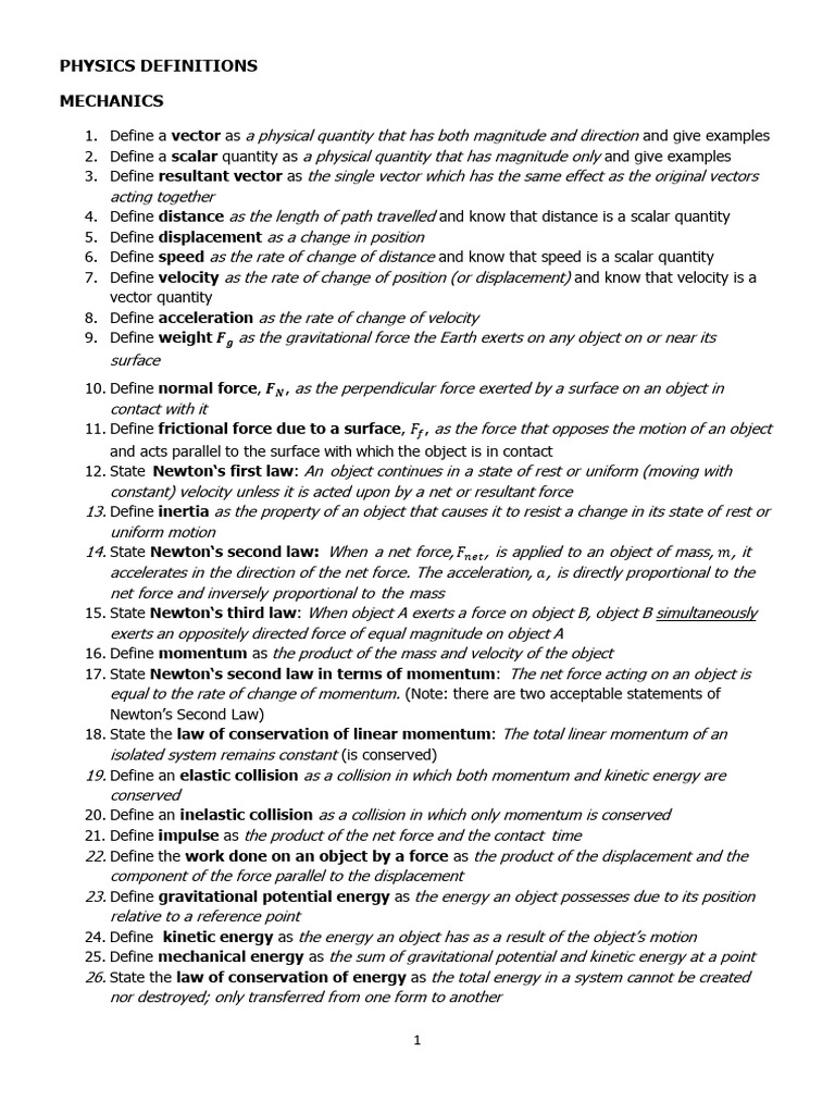 Physics Definitions SAGS 2014 | PDF | Force | Momentum