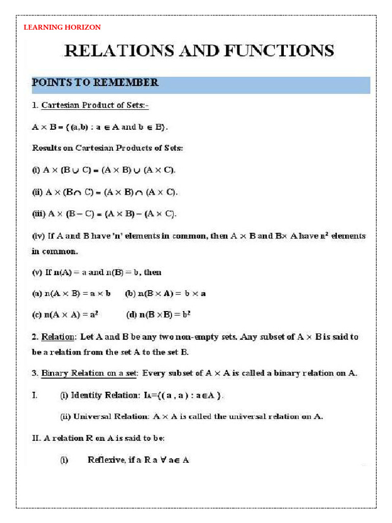 Relation and Function Short Notes | PDF