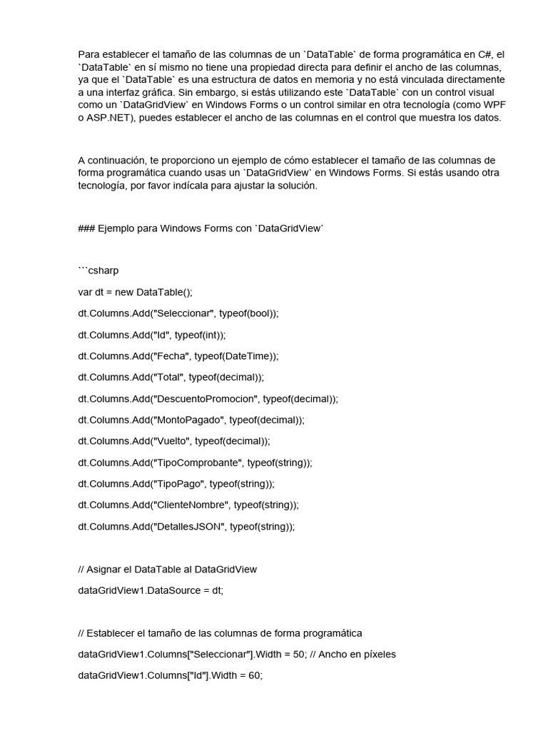 Establecer Tamaño Datatable | PDF | C Sharp (lenguaje de programación) | Informática