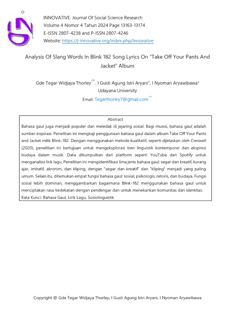 Analysis of Slang Words in Blink 182 Song Lyrics On "Take Off Your ...