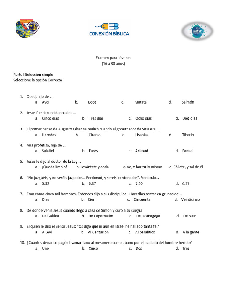 Examen Bíblico para Jóvenes de 16 a 30 años | PDF | Jesús | Evangelios ...
