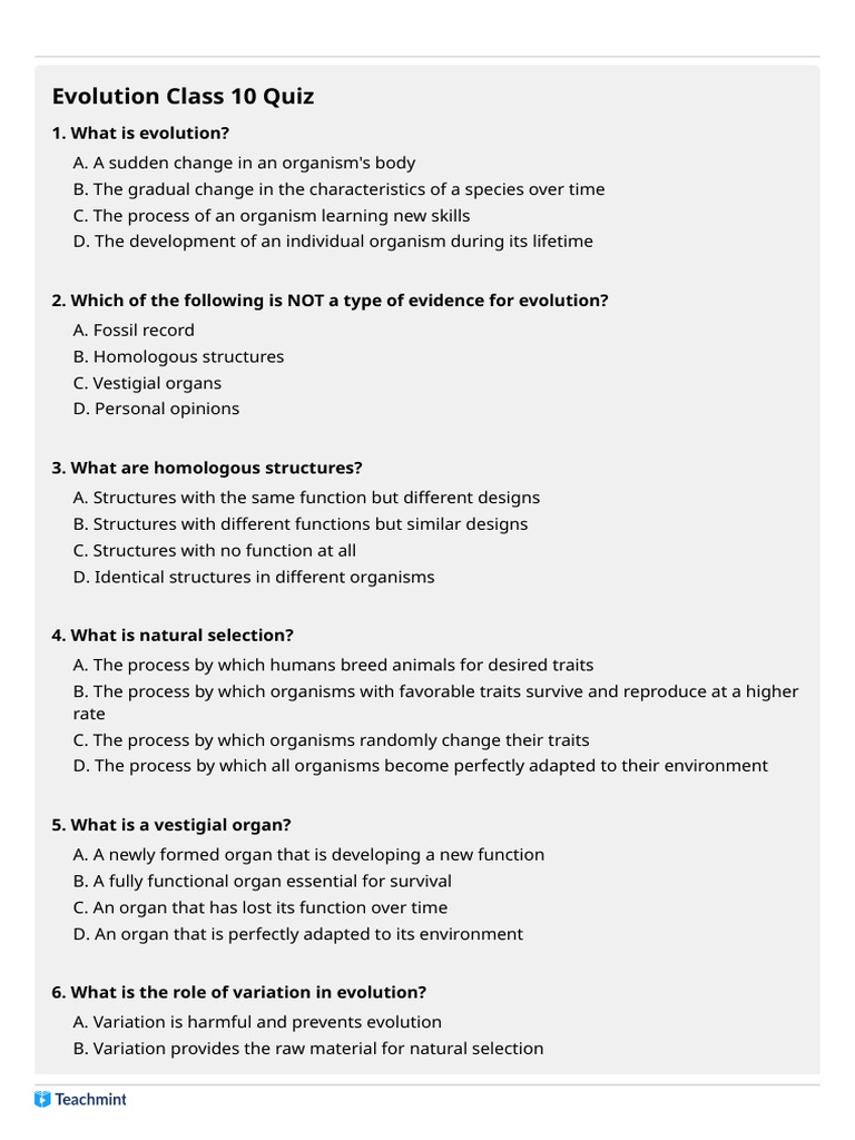Evolution Class 10 Quiz | PDF | Evolution | Natural Selection