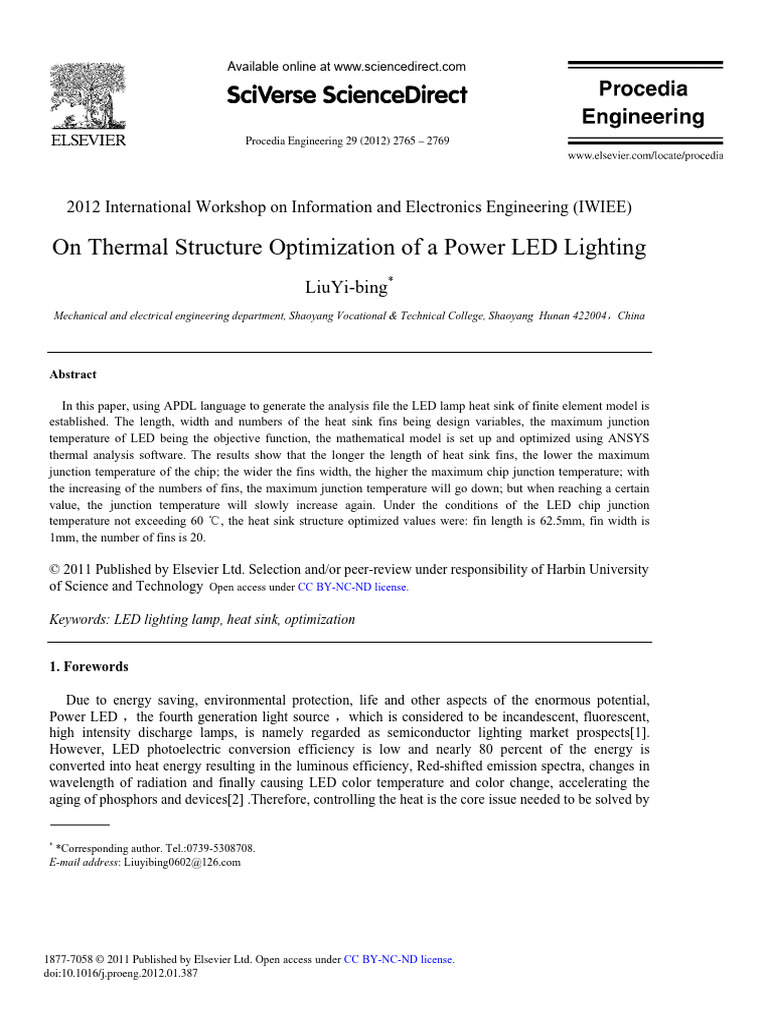 On Thermal Structure Optimization of a Power LED Lighting | PDF | Light Emitting Diode | Lighting