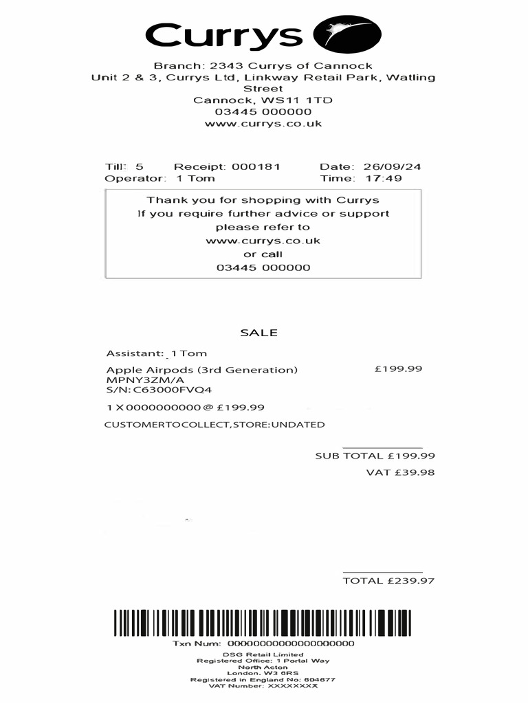 Currys Receipt Uk AIRPODS 3 | PDF