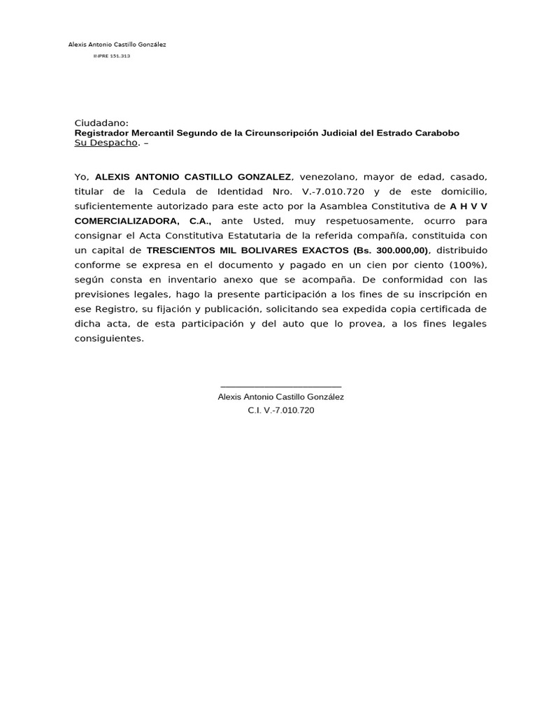 Presentante A H V V Comercializadora, C.A. | PDF