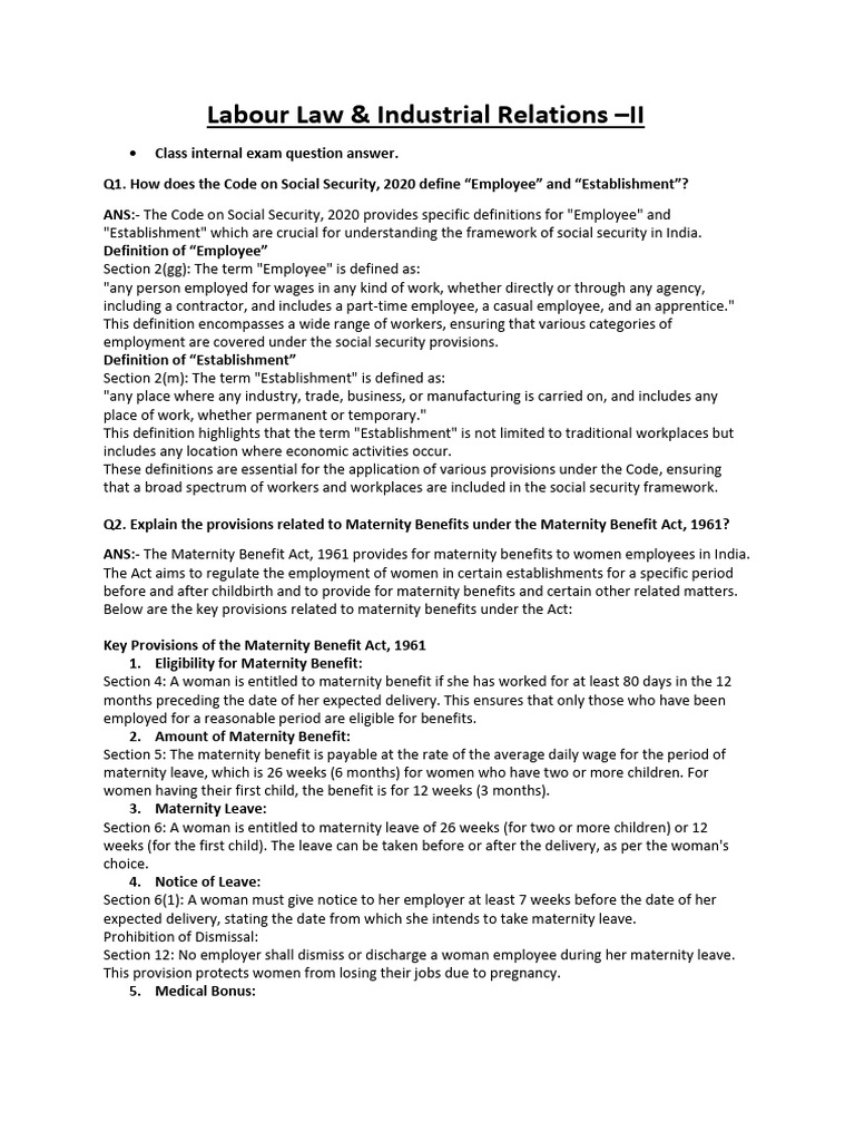 Labour Law - 2 Class Internal Exam | PDF | Occupational Safety And Health | Employment