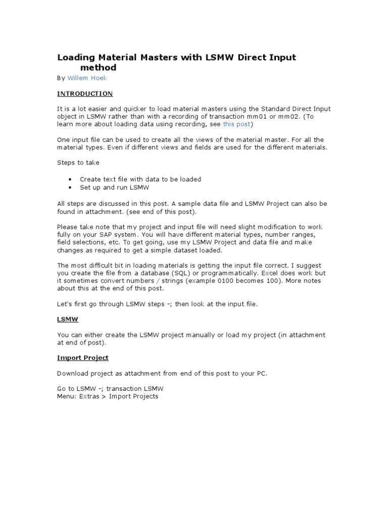 Loading Material Masters With Lsmw Direct Input Method Pdf Computing Computer Engineering