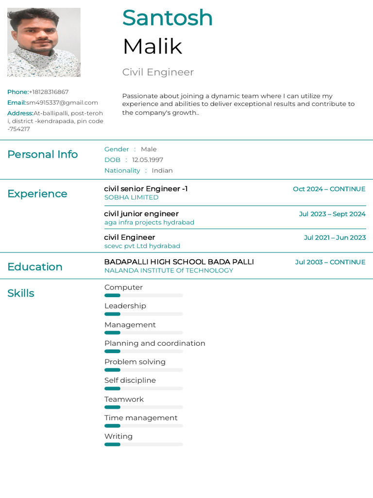 Civil Engineer Resume of Santosh Malik | PDF