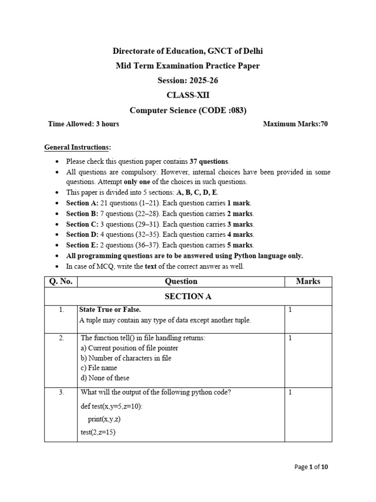 Class XII Computer Science Exam Paper | PDF | Computer Science | Computer Programming