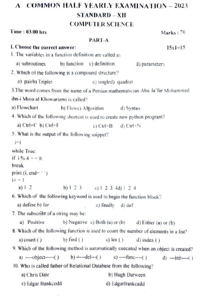 2023 Half-Yearly Exam: Computer Science XII | PDF | Computer Science ...