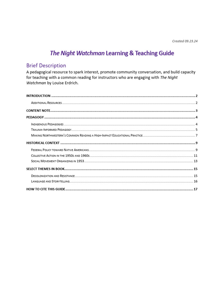 Night Watchman Teaching Guide | PDF | Psychological Trauma | Pedagogy