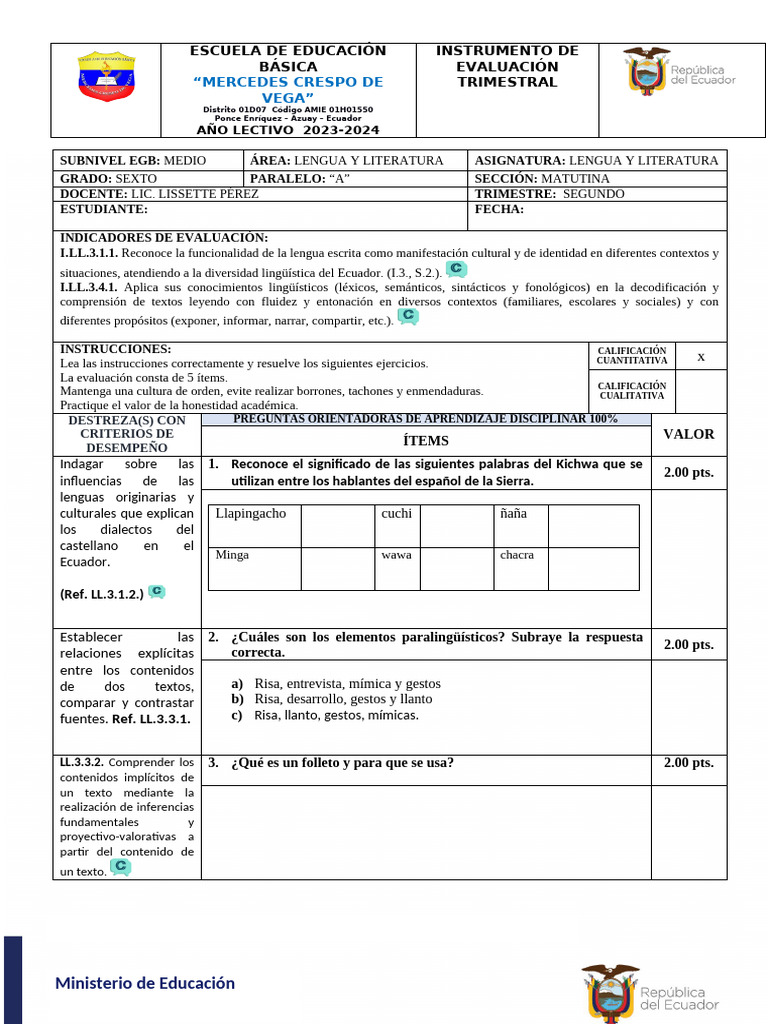 Inst - Eval.6to.2do Trim. Lengua | PDF | Verbo | Plural