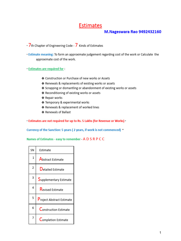 Revised Estimate Preparation Guidelines | PDF | Expense