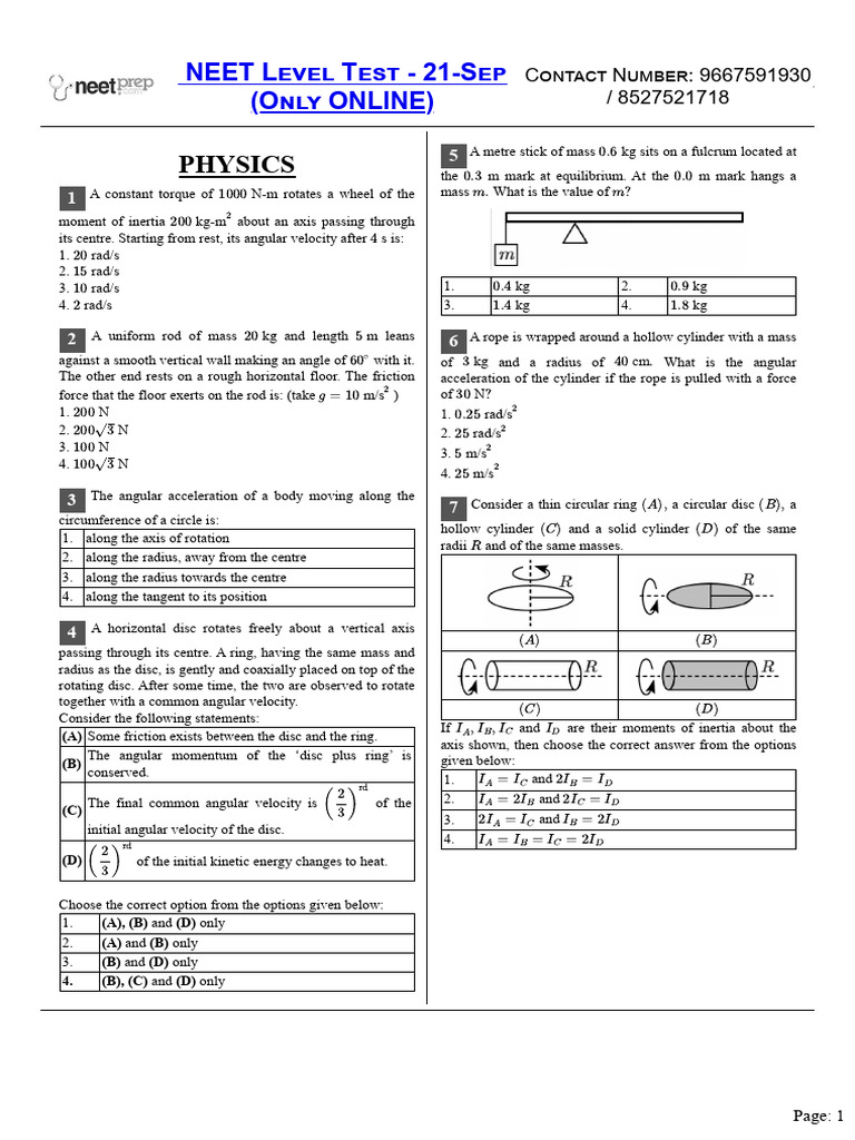 Physics Problems on Torque and Rotation | PDF | Rotation Around A Fixed ...