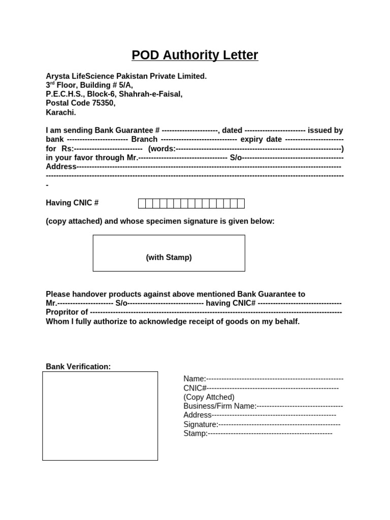 POD Authority Letter for Bank Guarantee | PDF