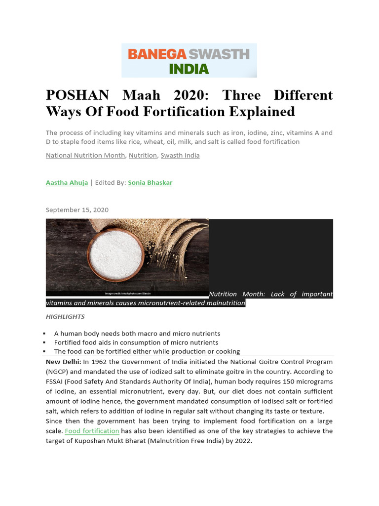FSSAI News Fortification Banega 18-09-2020 | PDF | Micronutrient ...