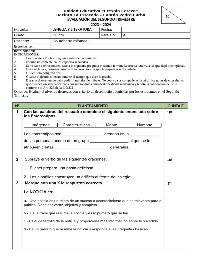 Eval 5to A y B Lenguaje 2do Trim.-2 | PDF