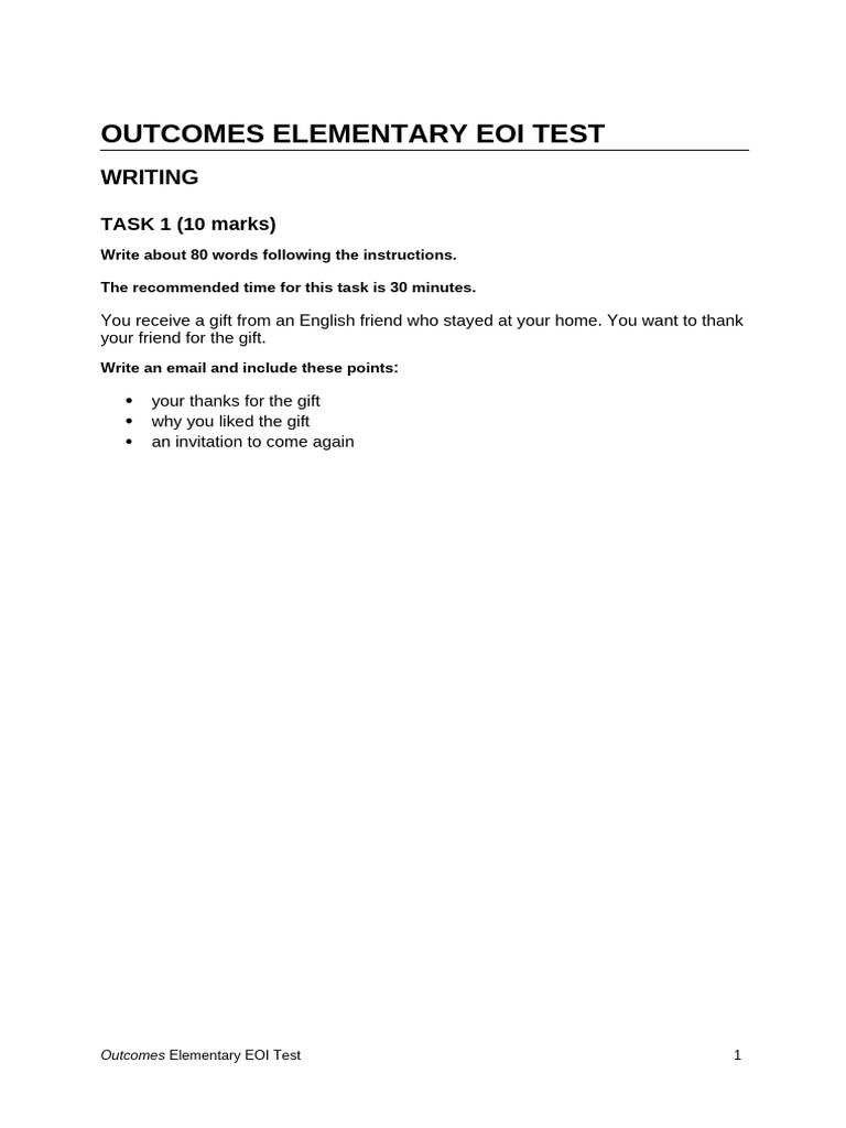 Outcomes Elementary EOI Test Writing | PDF