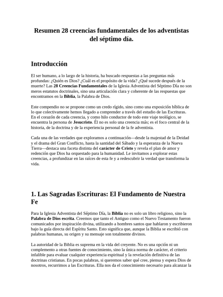 Resumen 28 Creencias Fundamentales de Los Adventistas Del Séptimo Día | PDF | Cristo (título ...