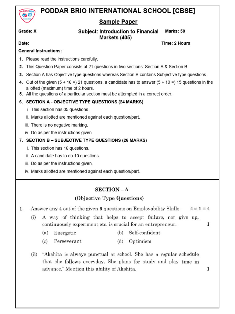 Grade X Financial Markets Sample Paper | PDF