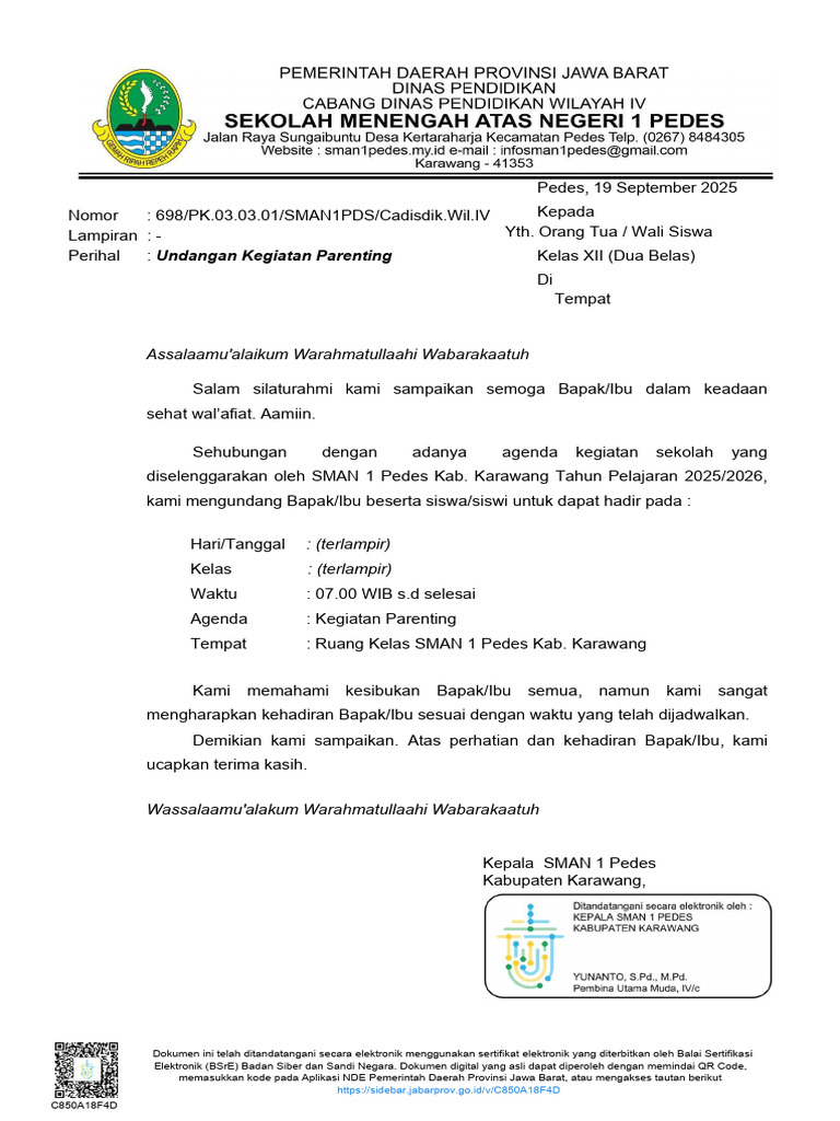 Undangan Kegiatan Parenting SMAN 1 Pedes | PDF