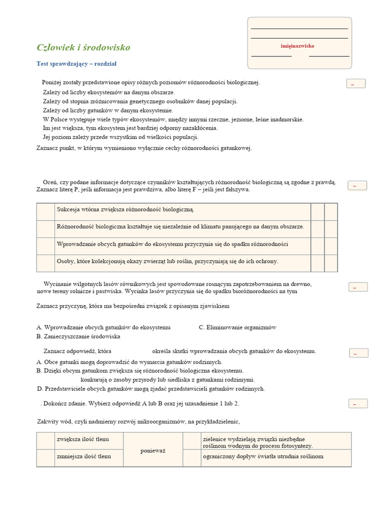 Test Po Dziale 4 Czlowiek I Srodowisko | PDF