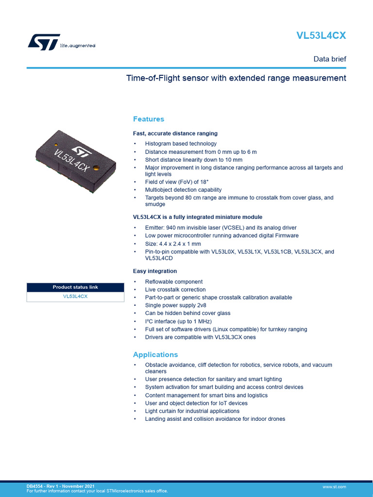 VL53L4CX: Advanced Distance Sensor | PDF | Laser | Light