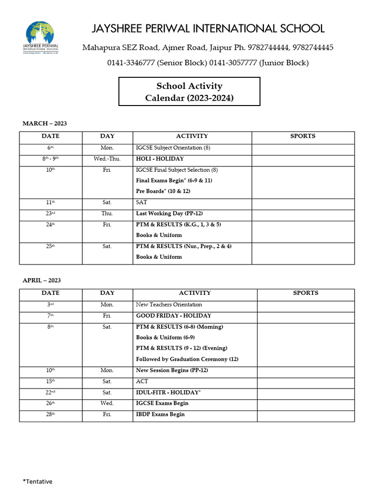 Activity Calendar - 9-12 - 2023-2024 | PDF