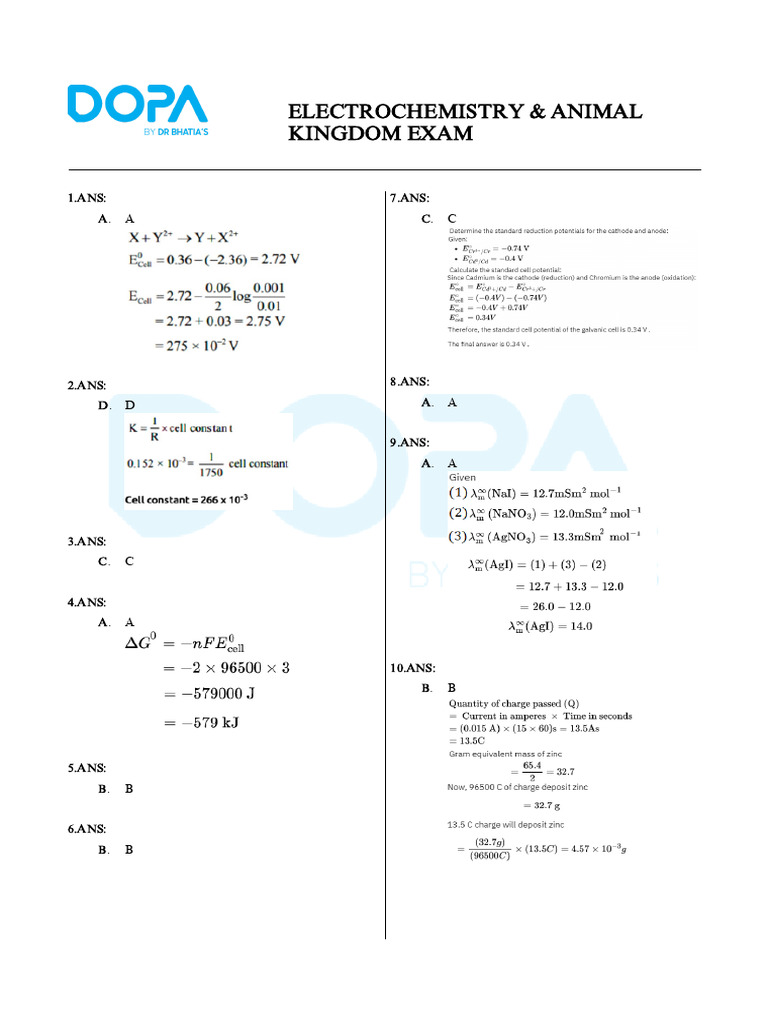 Electrochemistry & Animal Kingdom Exam Sol | PDF | Dissociation ...