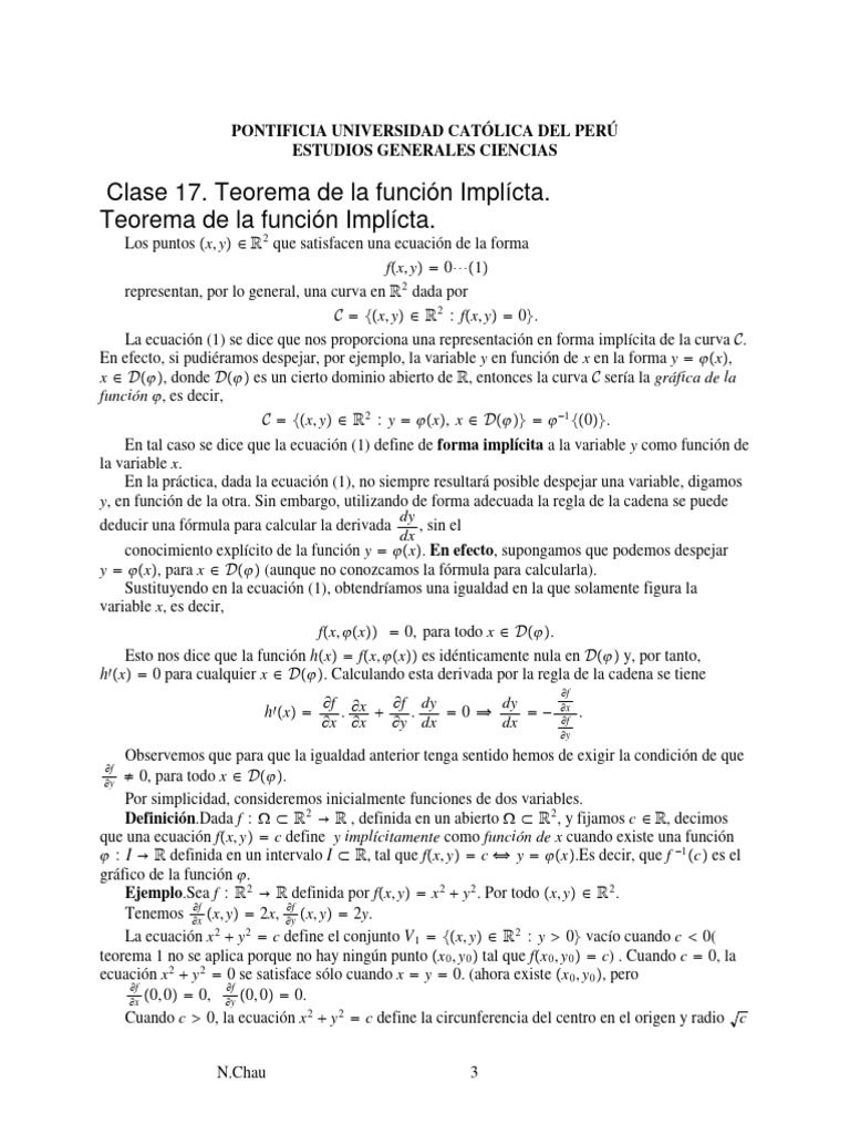 Clase 17. Teorema de La Función Implícita | PDF | Ecuaciones | Variable (Matemáticas)