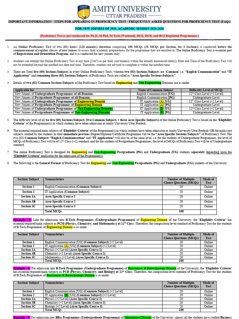 Proficiency Test Guide for New Joinees 2025 | PDF | University And ...