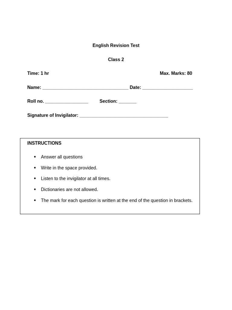 English Revision Test 5th June | PDF | Adjective | Verb
