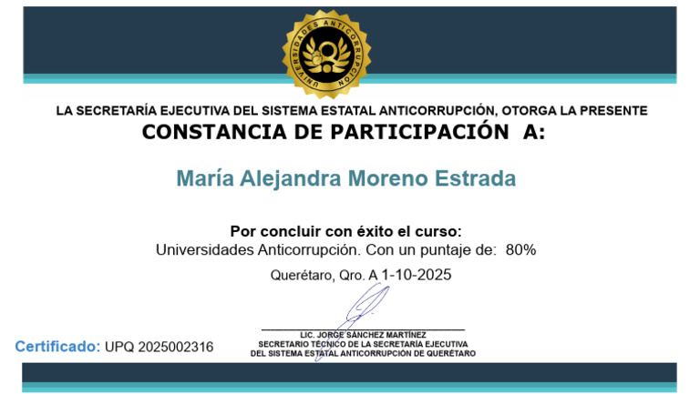 Certificate For - MarÃ - A Alejandra Moreno Estr... - For - EVALUACIÃ ...