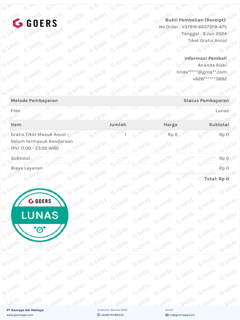 Receipt Tiket Gratis Ancol - 09062024 - V37919-66573F8-475 | PDF