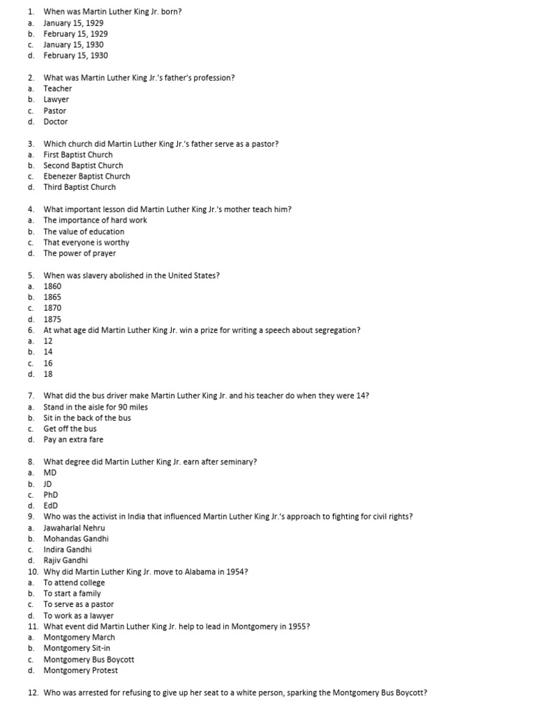 Martin Luther King Jr. Quiz Questions | PDF | Martin Luther King Jr ...