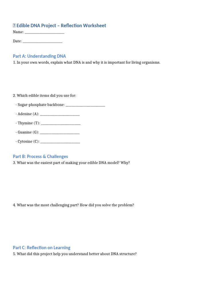 Edible DNA Project Reflection Worksheet | PDF