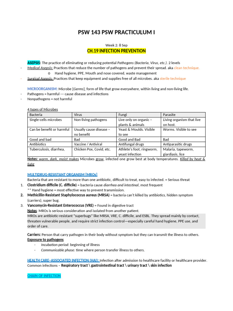 PSW 143 PSW Practiculum I - Summarize | PDF | Infection | Pathogen