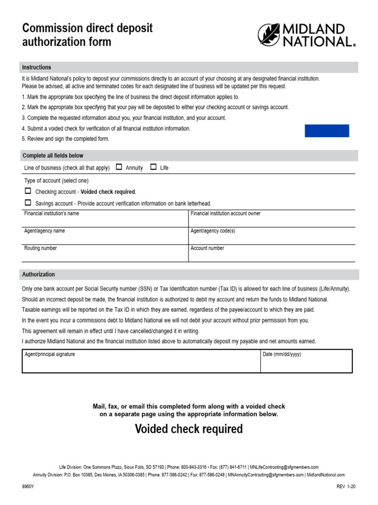 Midland National Direct Deposit Form | PDF | Payments | Financial Services