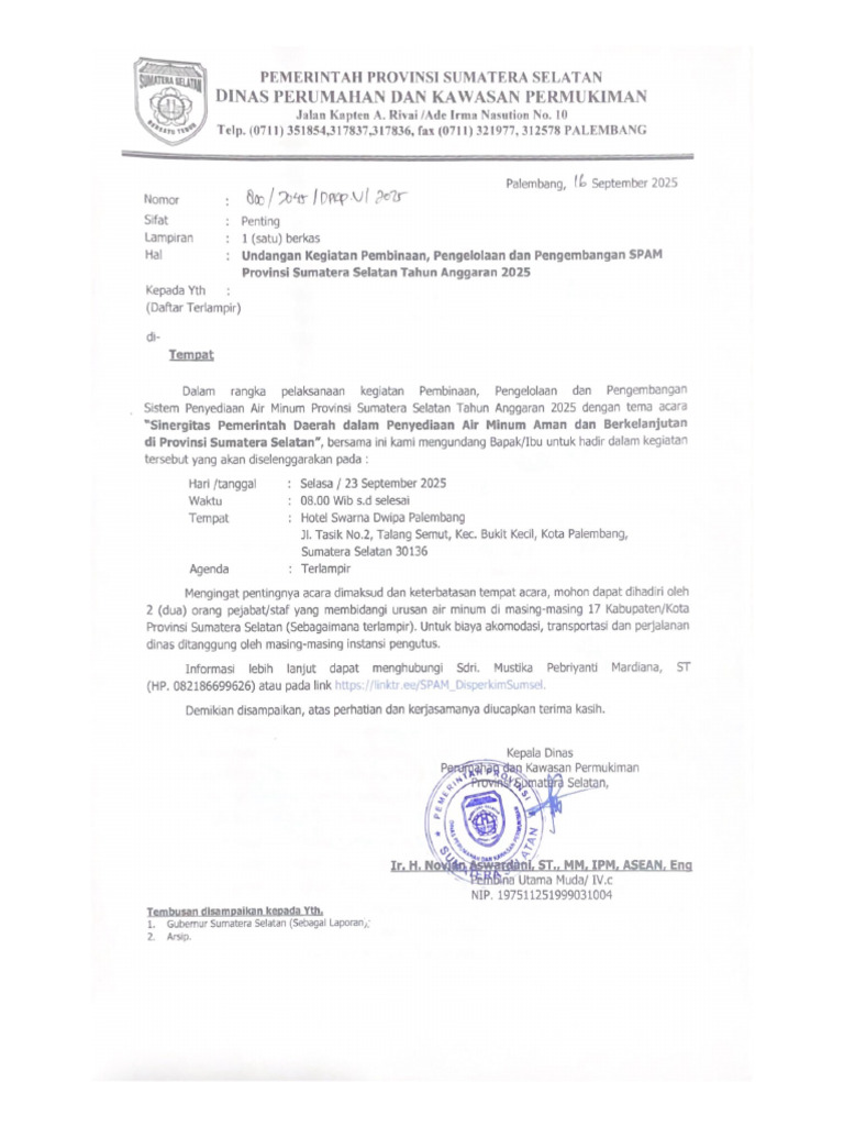 Undangan Kegiatan Pembinaan, Pengelolaan Dan Pengembangan SPAM Prov ...