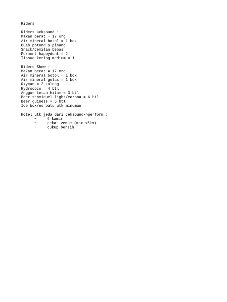 Rider Requirements for Event Setup | PDF