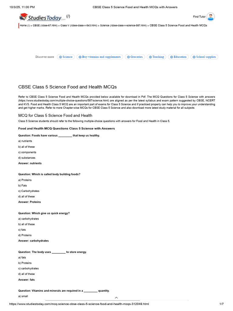 Class 5 Science: Food and Health MCQs | PDF | Foods | Vitamin