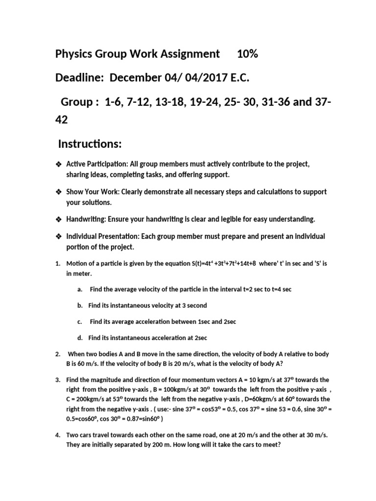 Physics Group Work Assignment | PDF | Acceleration | Velocity