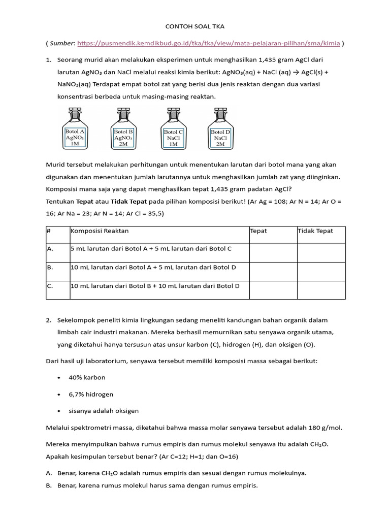 Soal TKA Kimia untuk Siswa SMA | PDF